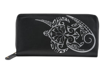 Leather zip wallet with Polynesian sea turtle tattoo art | NĀ KOA