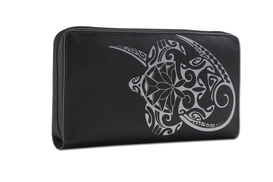 Leather zip wallet with Polynesian sea turtle tattoo art | NĀ KOA