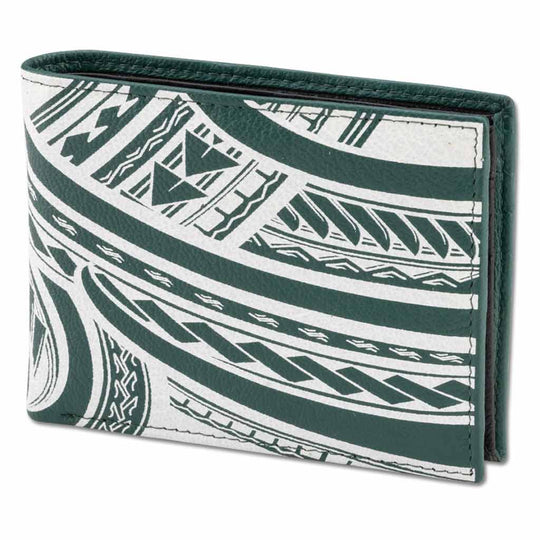 Leather bi-fold wallet with flip ID and Hawaiian tattoo art | NĀ KOA