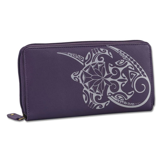 Leather zip wallet with Polynesian sea turtle tattoo art | NĀ KOA