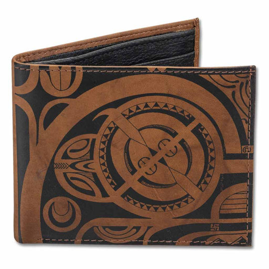Bifold leather wallet with Polynesian Tiki tattoo tattoo art | NĀ KOA