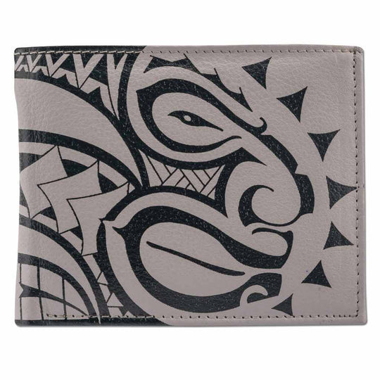 Fine Leather Bilfold Wallet with Tribal Tattoo Art Grey | NĀ KOA